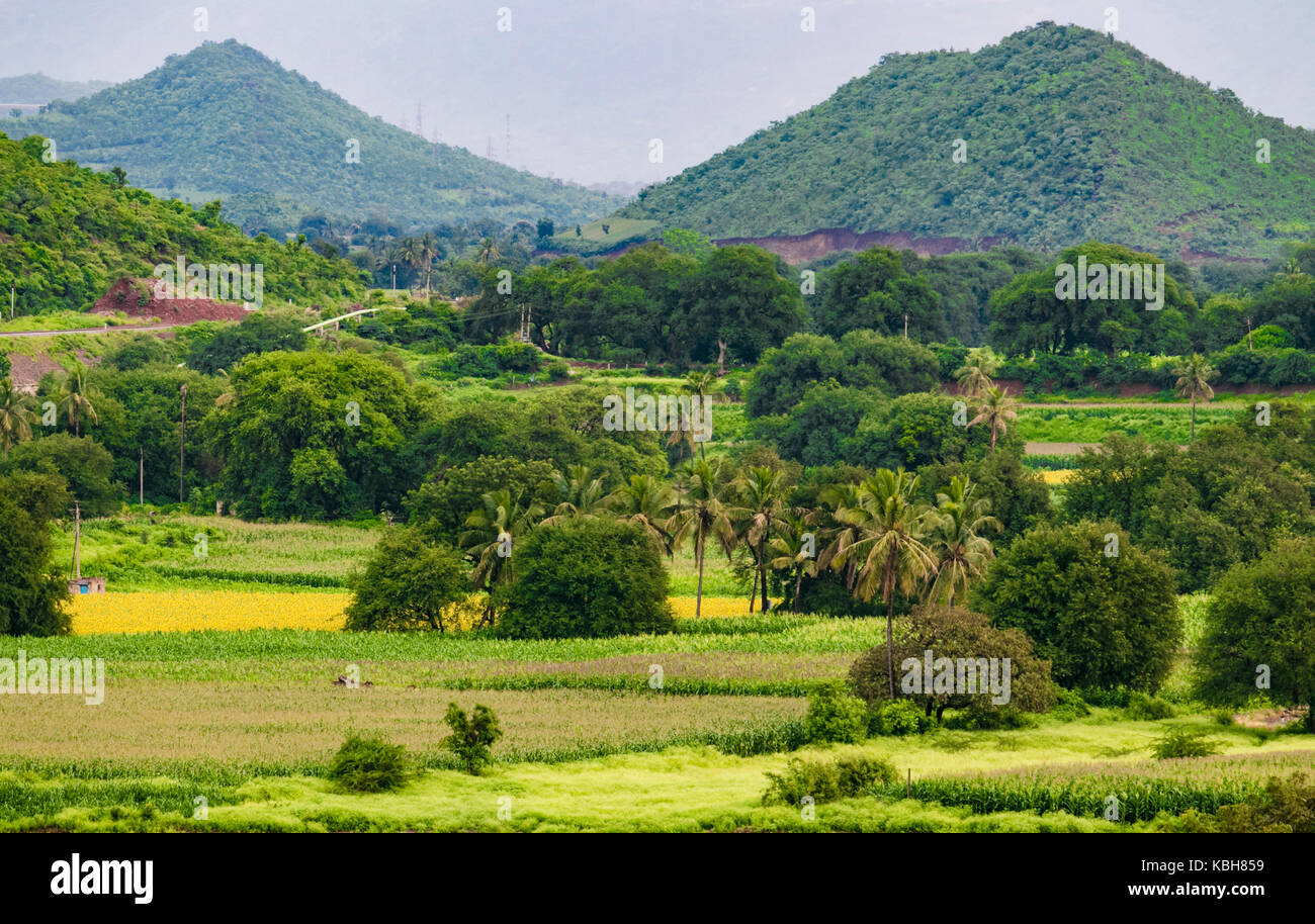 Typical view of countryside in India with forest, mountains and fields ...
