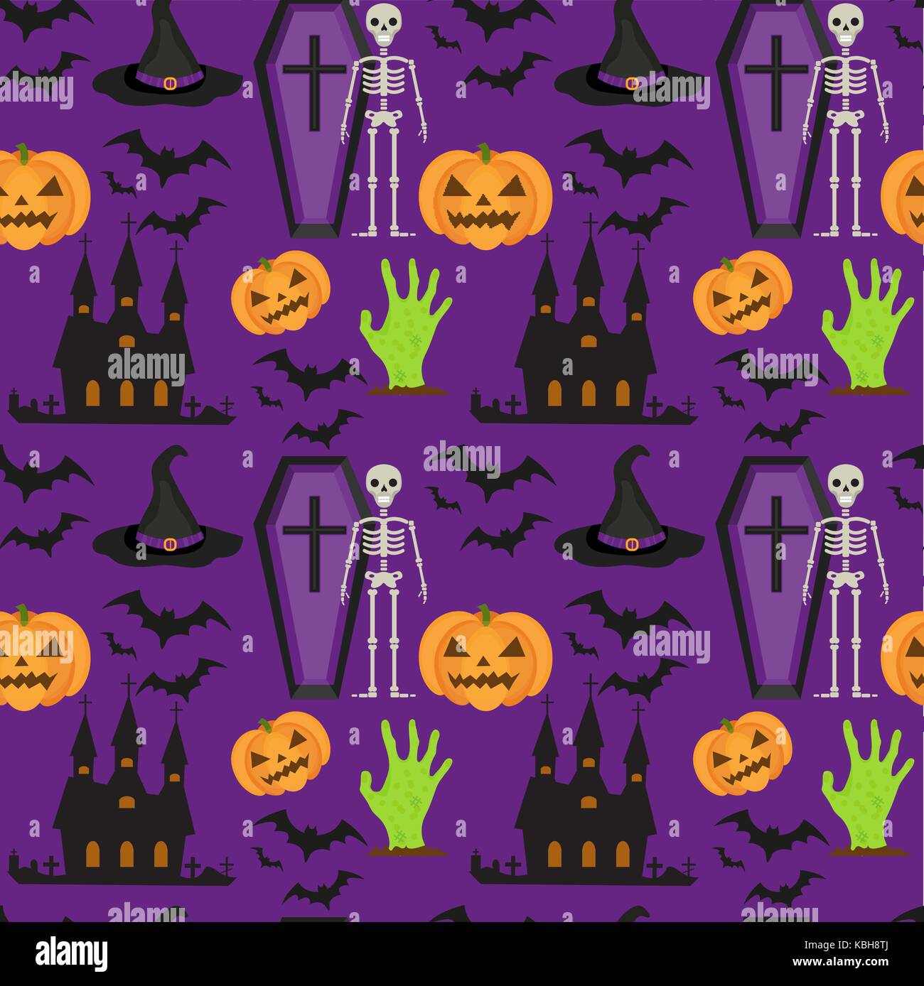 Halloween seamless pattern. Scary repeating texture with coffin, castle ...