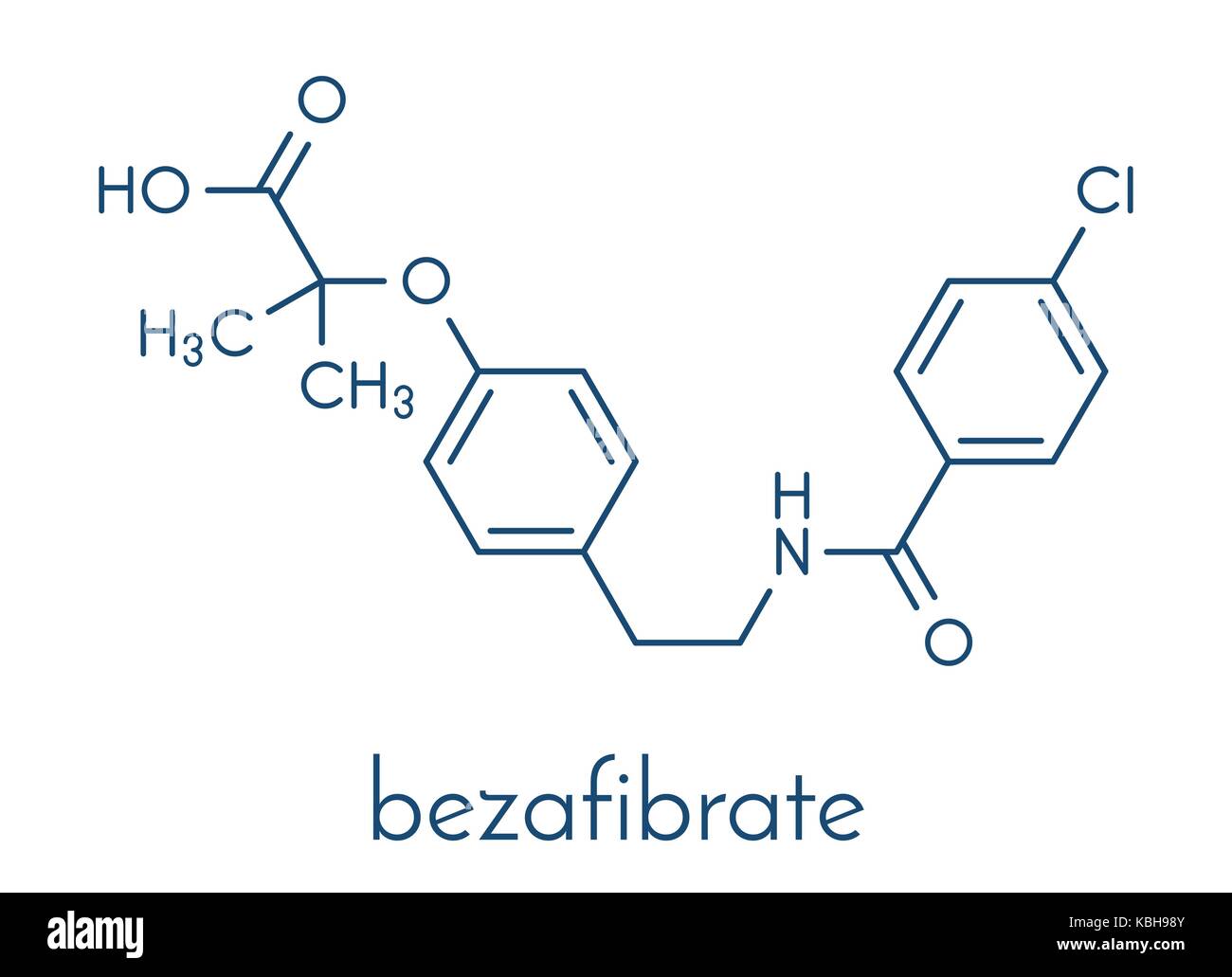 Bezafibrate hyperlipidemia drug molecule (fibrate class). Skeletal ...