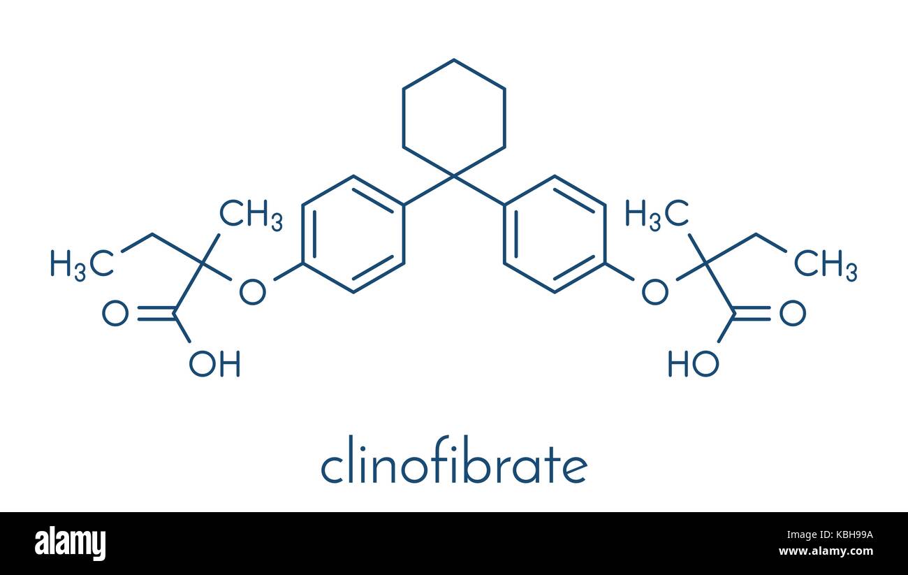 Clinofibrate hyperlipidemia drug molecule (fibrate class). Skeletal ...