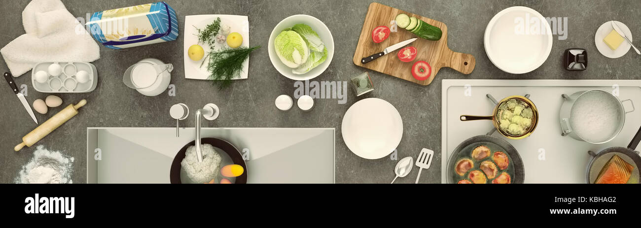 Stone countertop with dishes and products. Panorama. Top view Stock ...