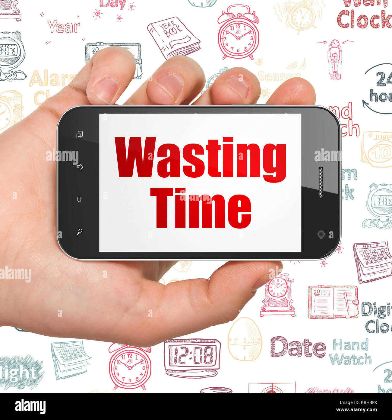 Timeline concept: Hand Holding Smartphone with Wasting Time on display ...