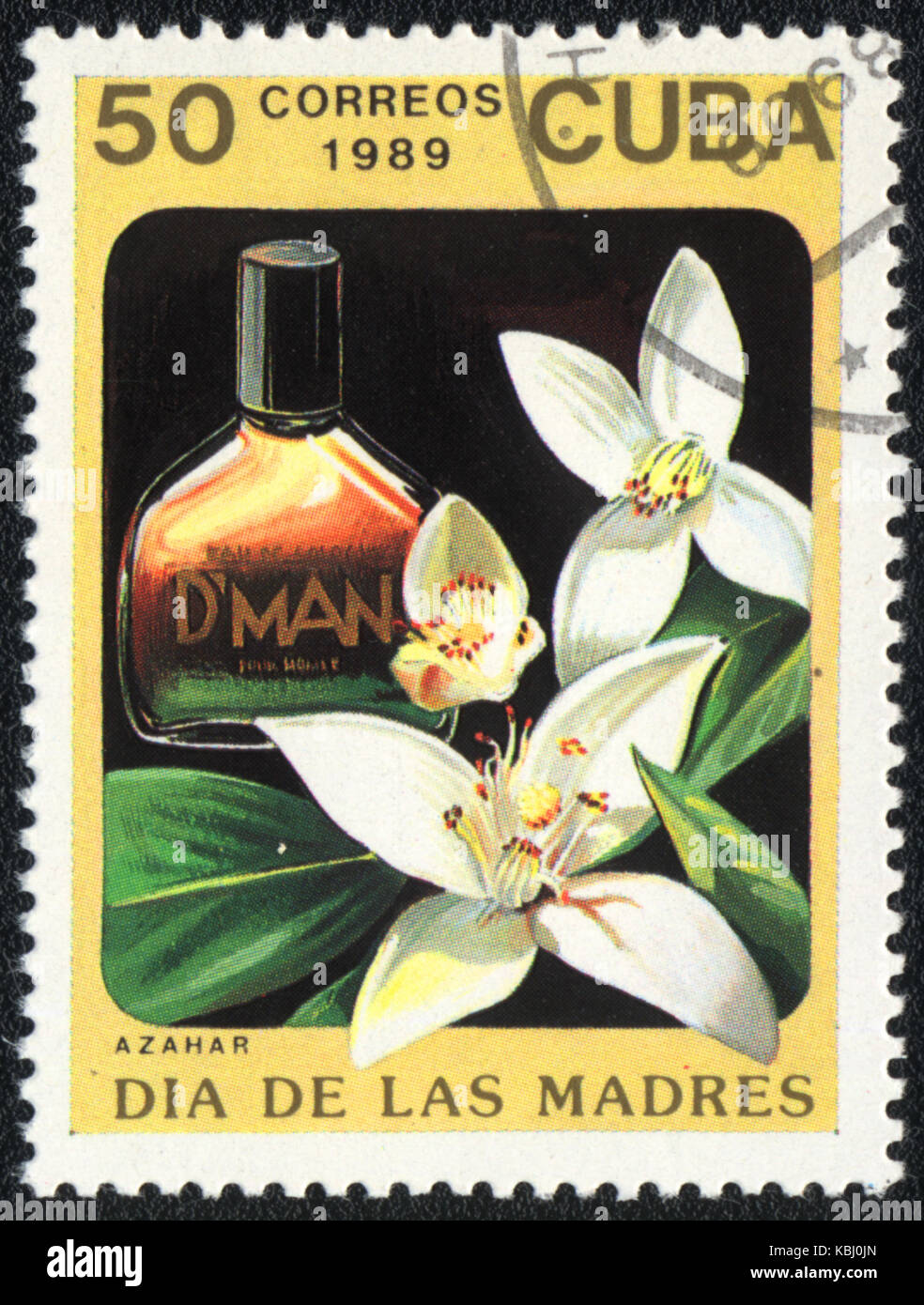 A stamp printed in CUBA shows a Bottle of azahar perfume, circa 1989 ...