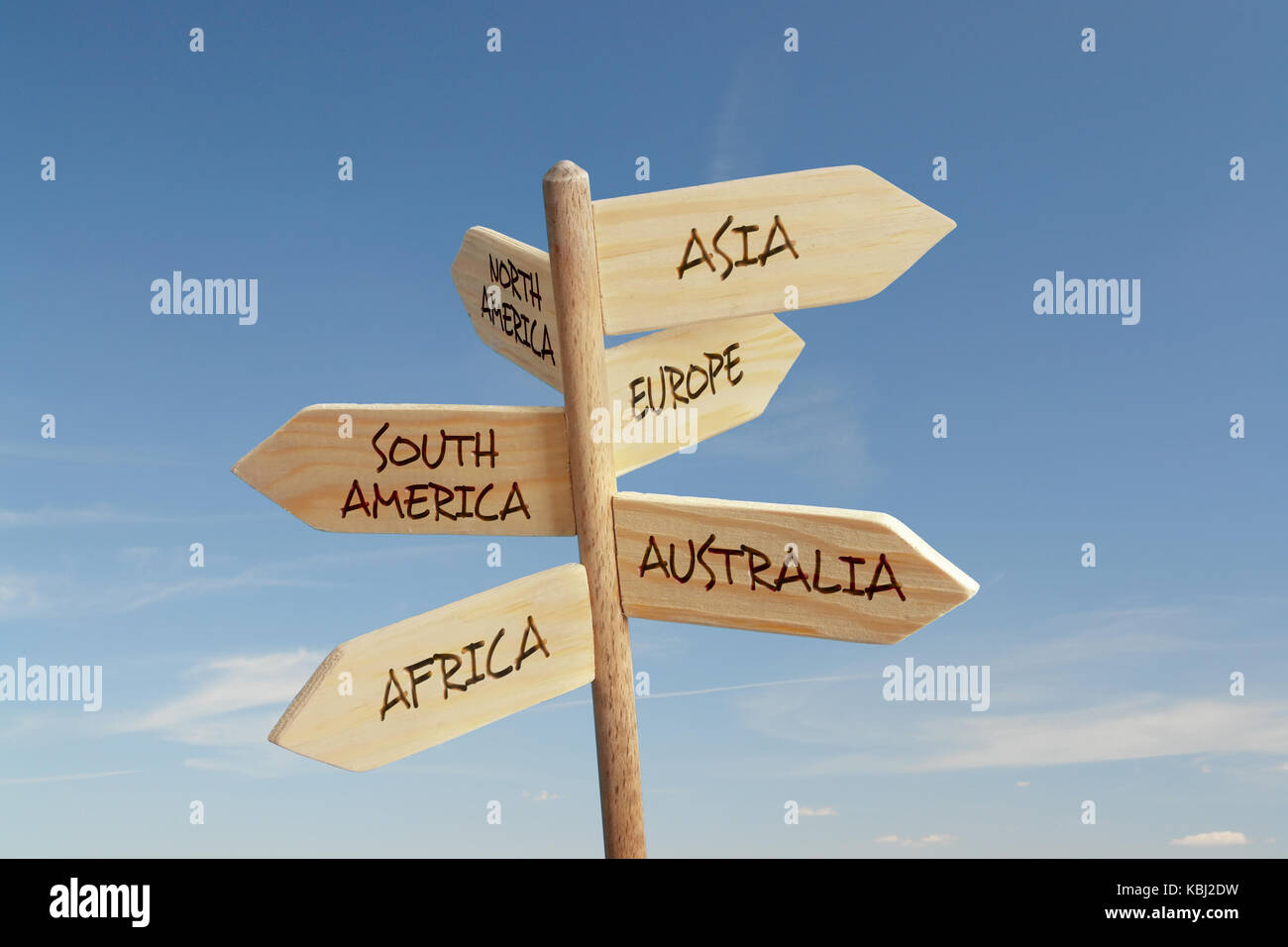 Wooden signpost indicating directions of six world continents over blue ...