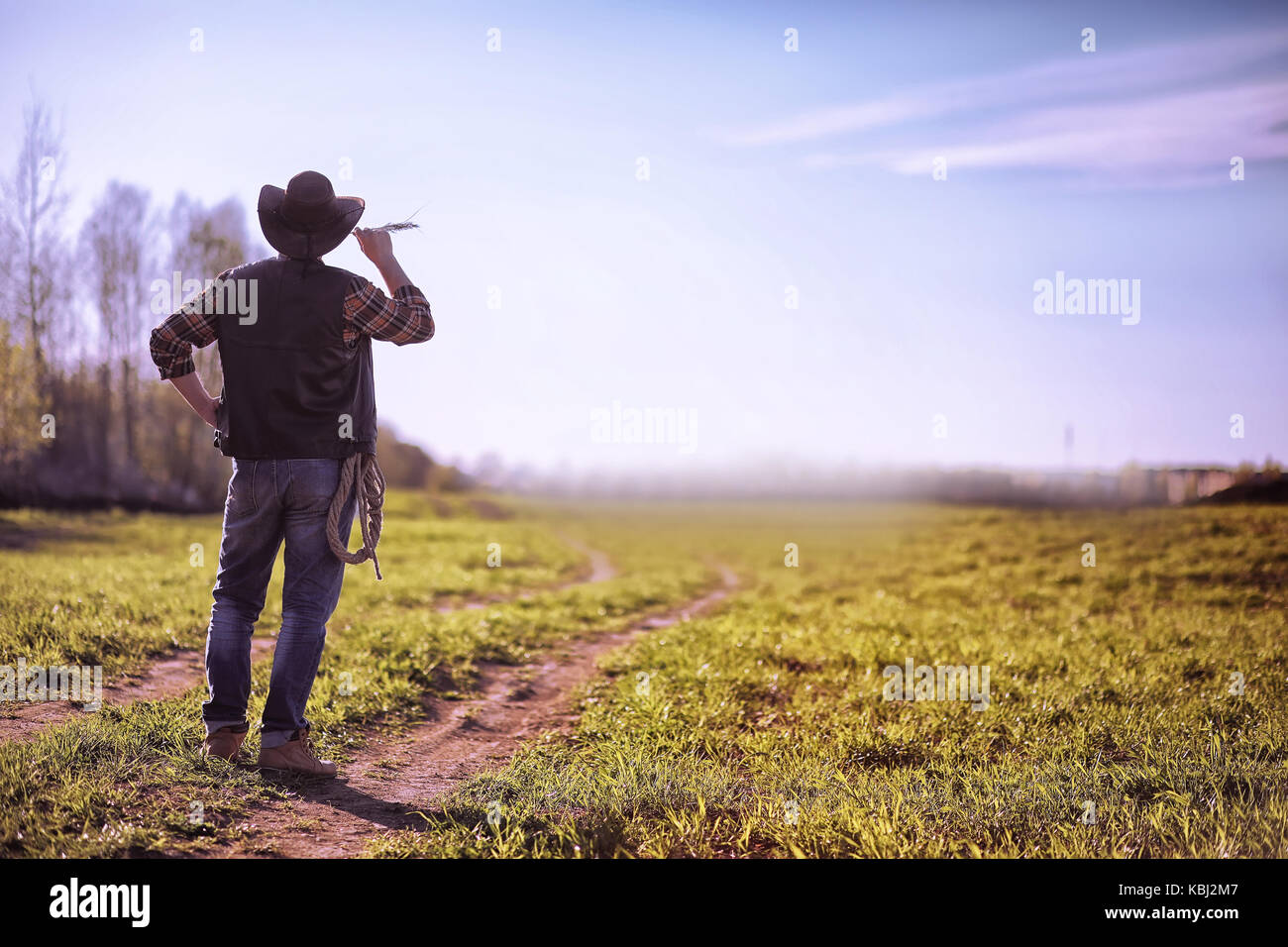 Cowboy standing in a field at sunset Stock Photo - Alamy