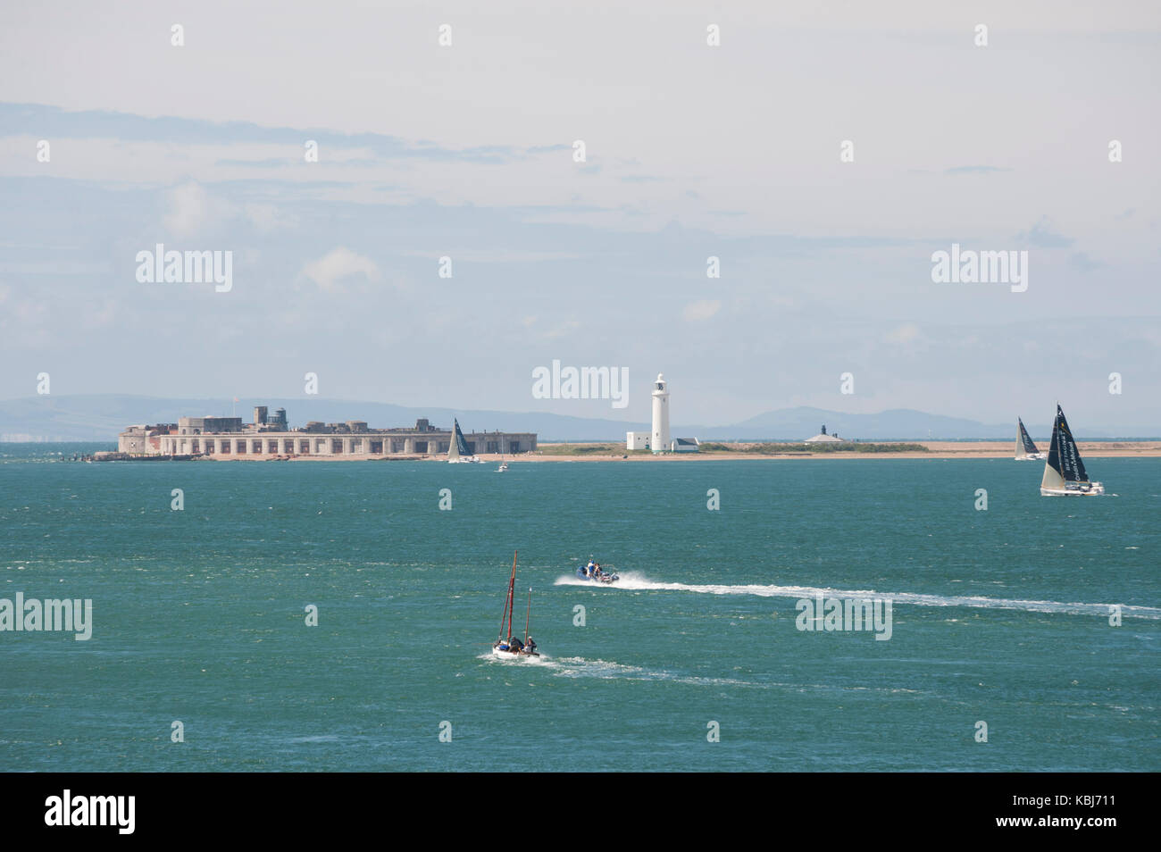 Hurst Castle and the Solent viewed from the Lymington–Yarmouth ferry ...