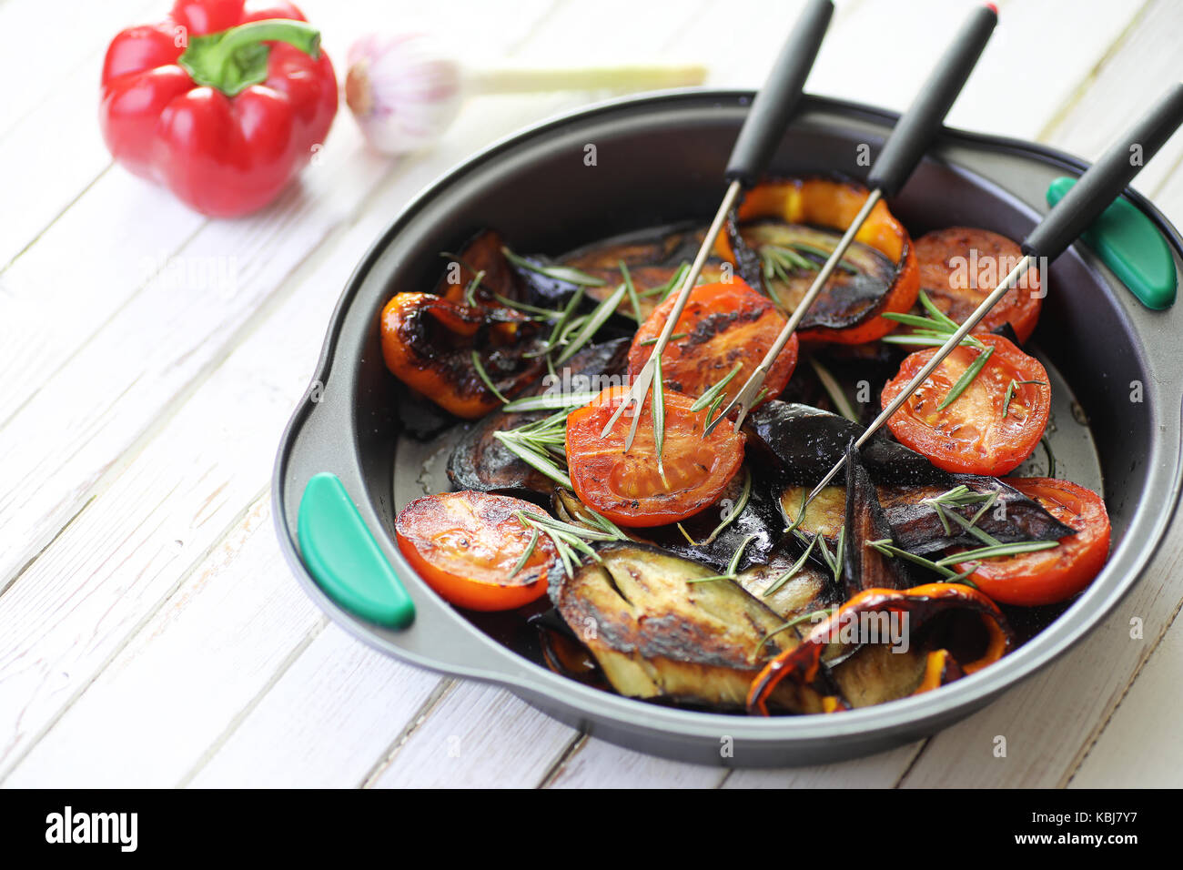 Vegetables grilled pan fried eggplant and tomatoes Stock Photo - Alamy