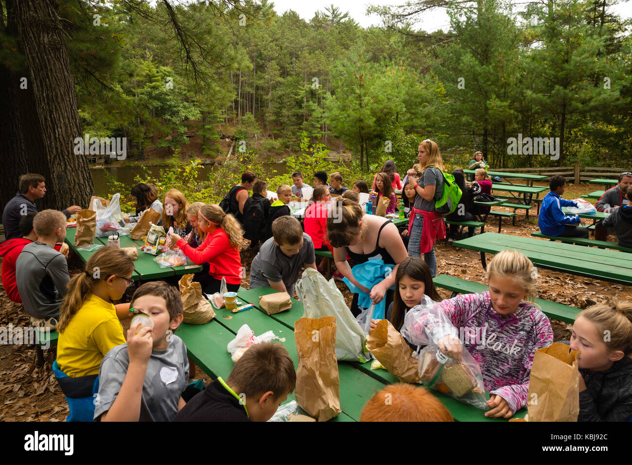 Children eat lunch at picnic tables while participating in ...