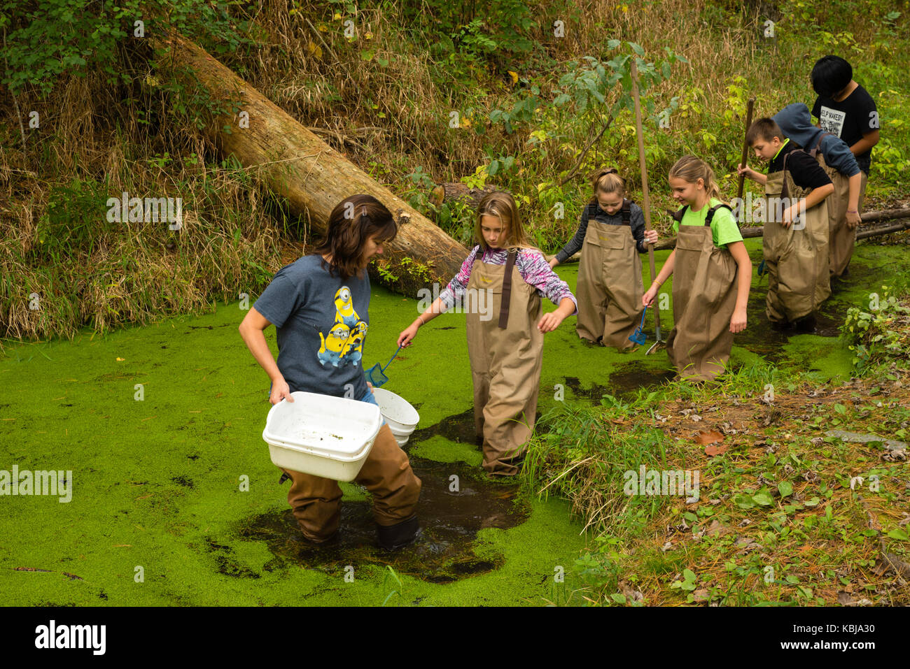 Kids walk in the water with their teacher as they learn about aquatic ...