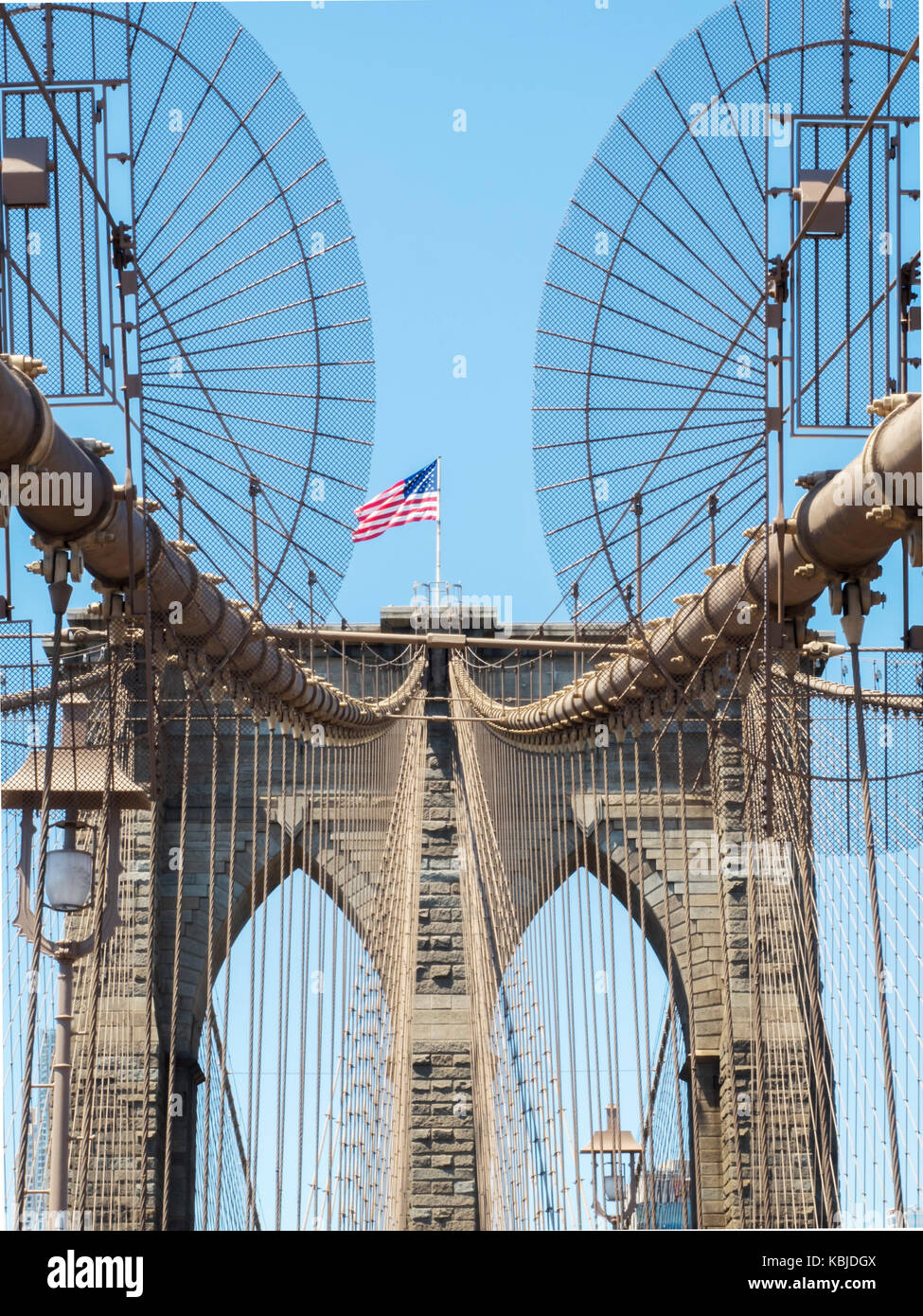Brooklyn Bridge Tower with USA flag - Brooklyn, New York, NY, United ...