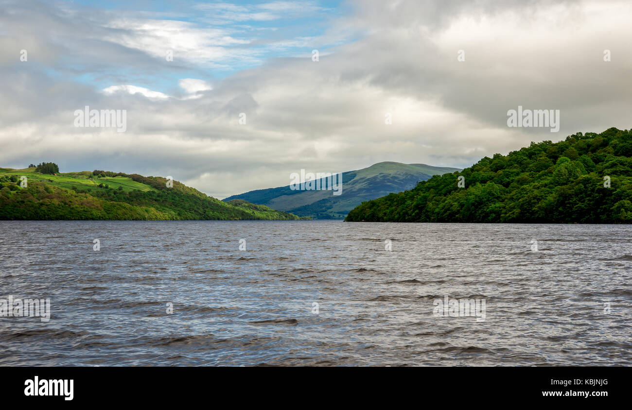 A view to Loch Tay lake waters and surrounding hills from the boat ...