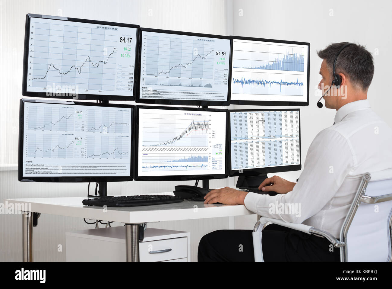 Side view of stock market broker looking at graphs on multiple screens in office Stock Photo - Alamy