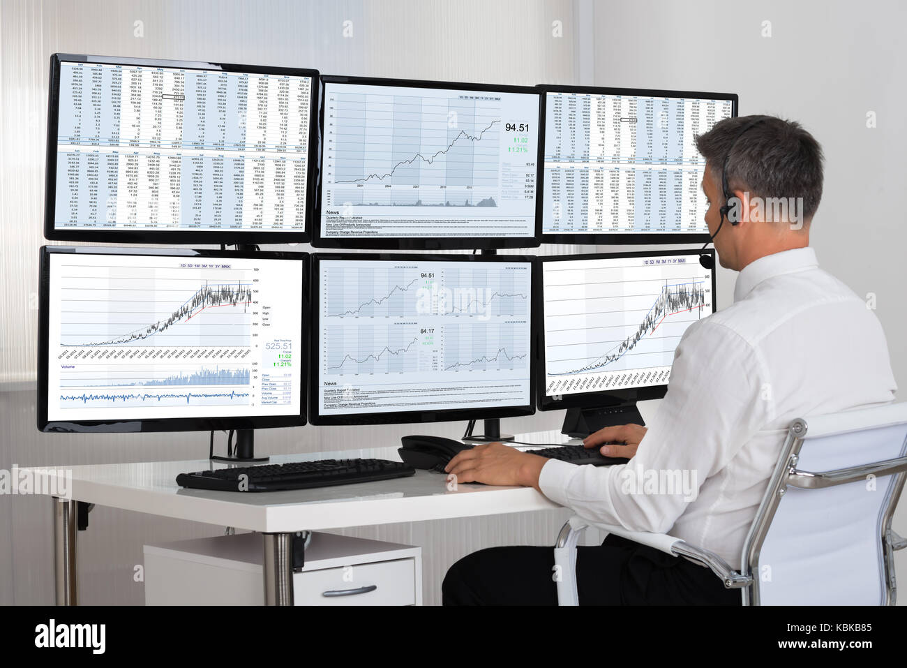 Side view of stock market broker looking at graphs on multiple screens in office Stock Photo - Alamy