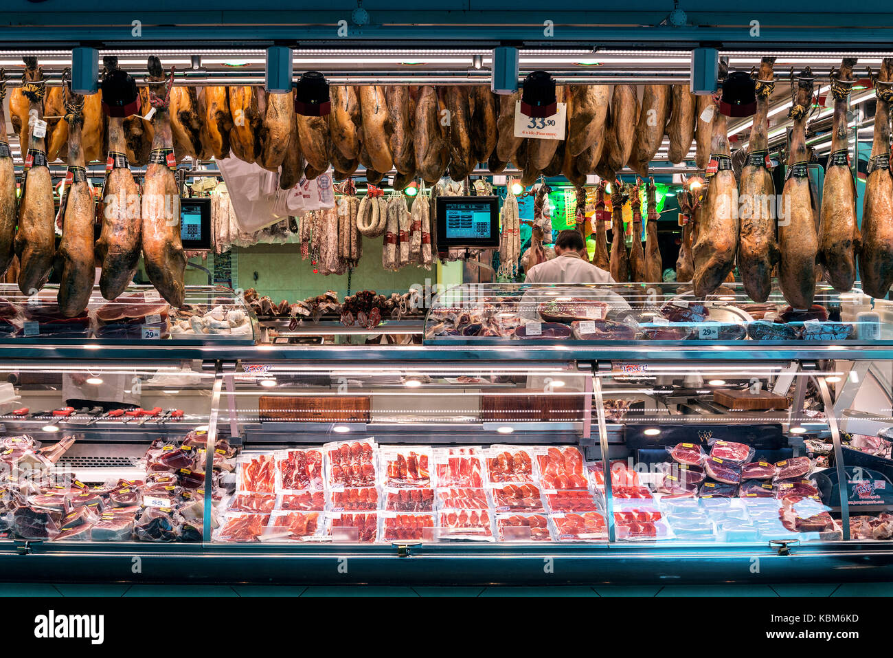 traditional spanish cured meats and sausages on display at la boqueria ...