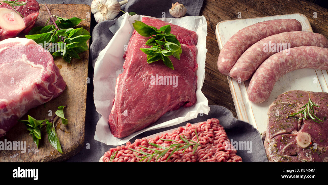 Different types of fresh raw meat. Top view. Panorama Stock Photo - Alamy