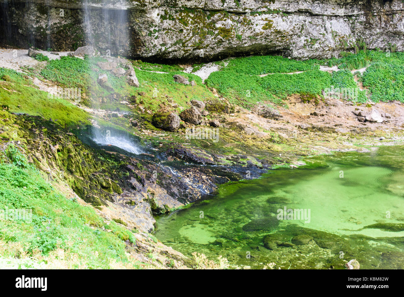 Dreamy waterfall and small emerald pond. Karst water. Fontanon of ...