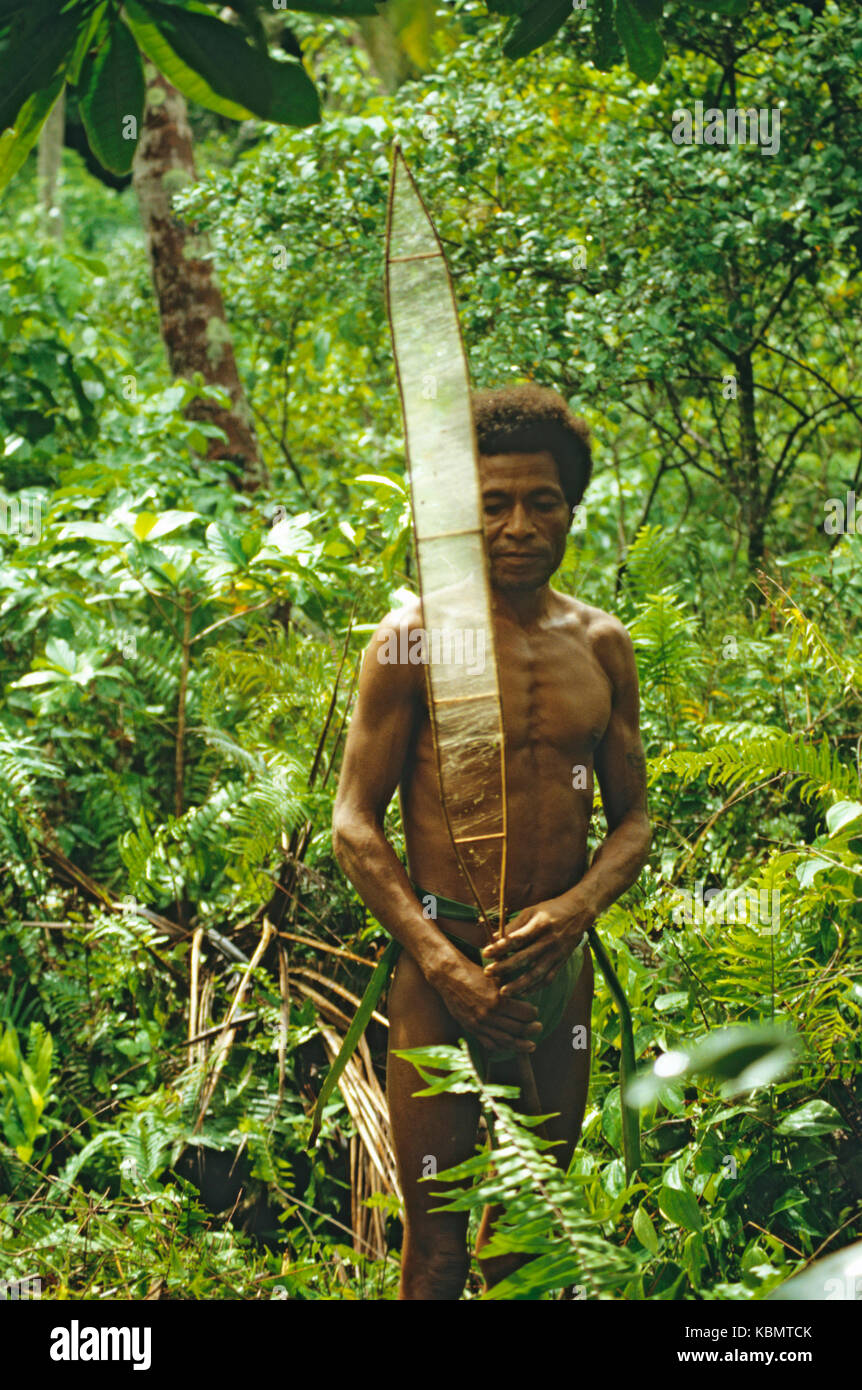 Indigenous hunter holding lure made of spiderwebs, Papua New Guinea ...