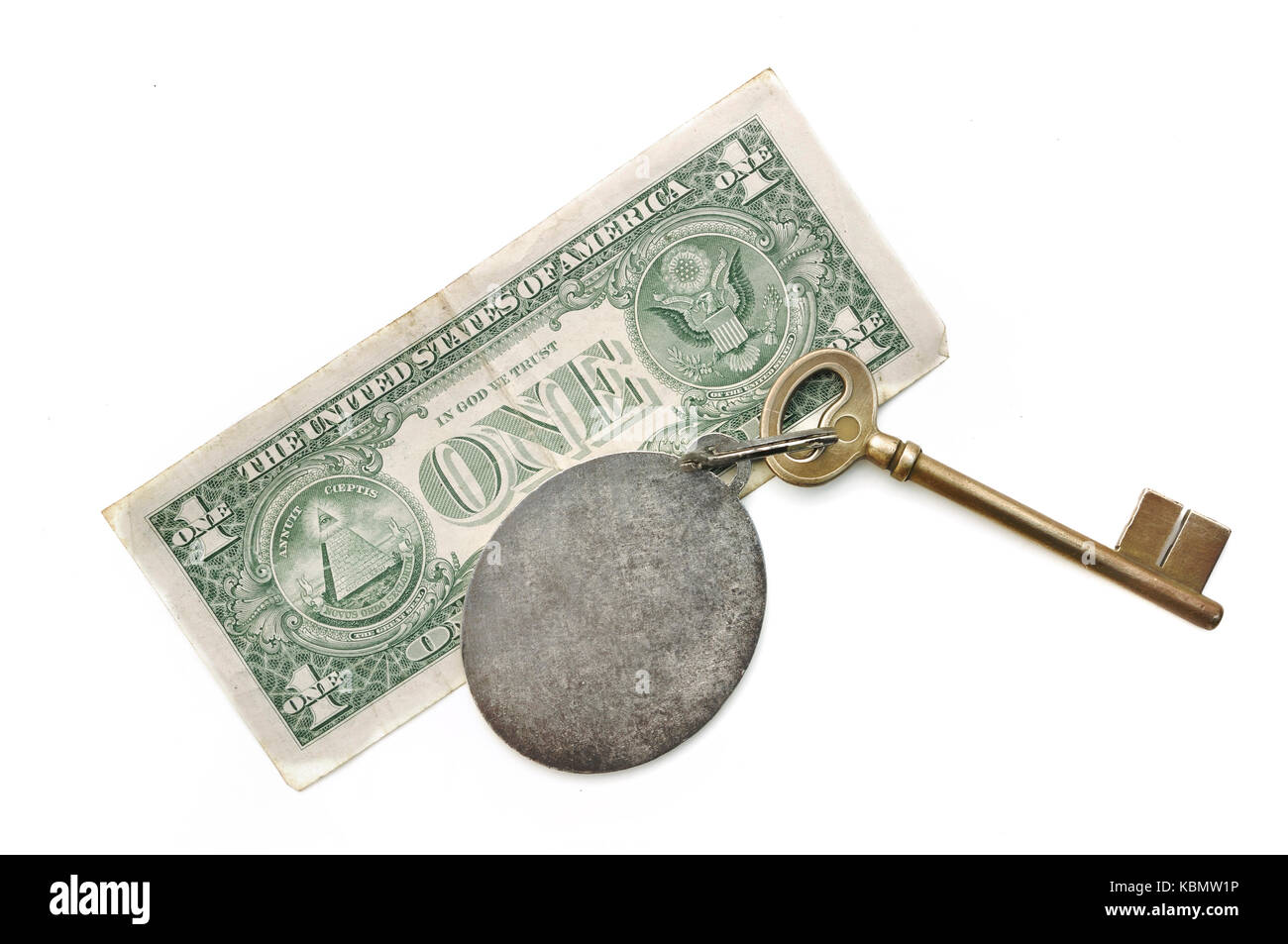 old key on a ring with money on white background Stock Photo - Alamy