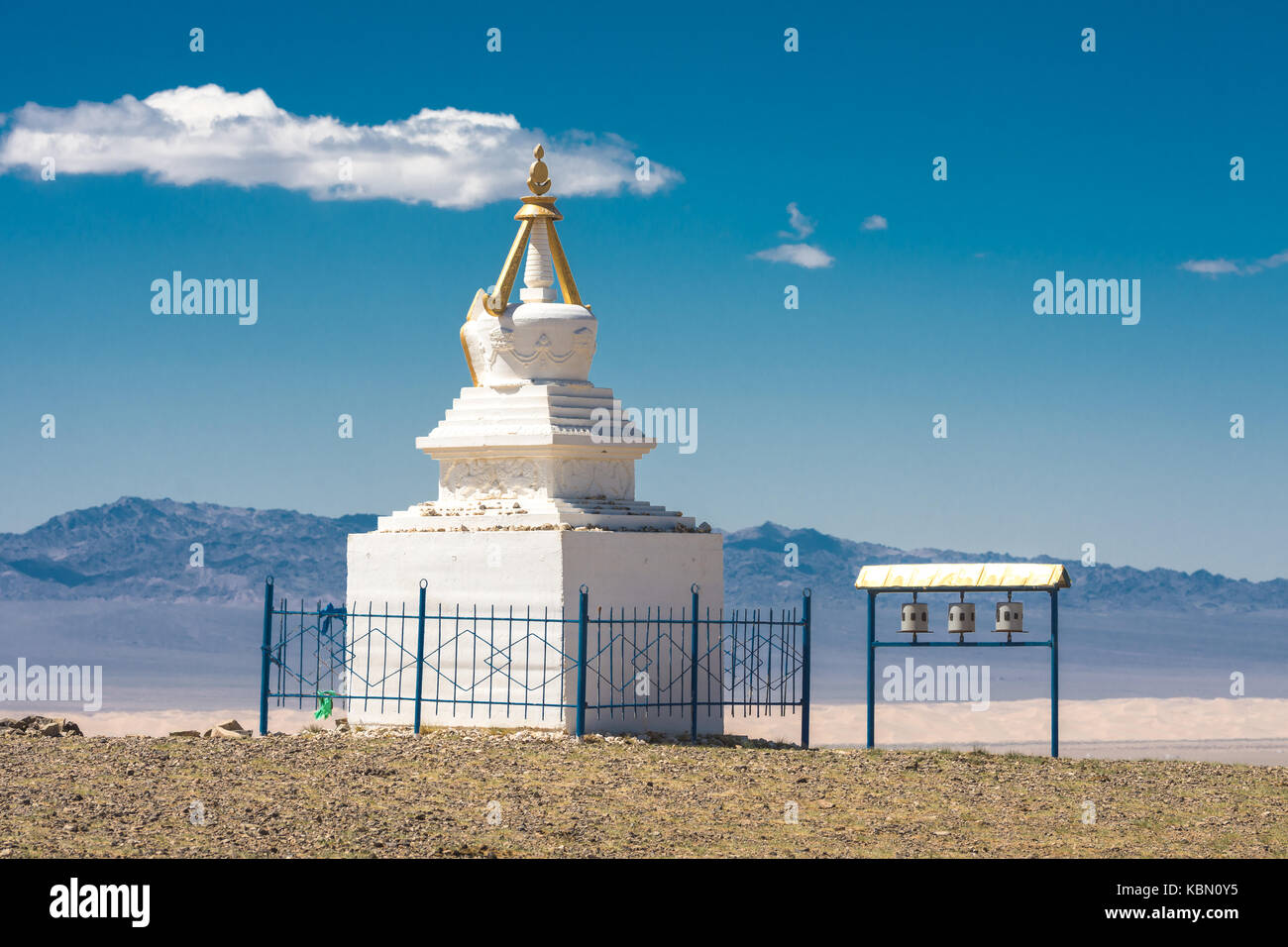 ancient traditional white stupa surrounded by metal fence at sunny day ...