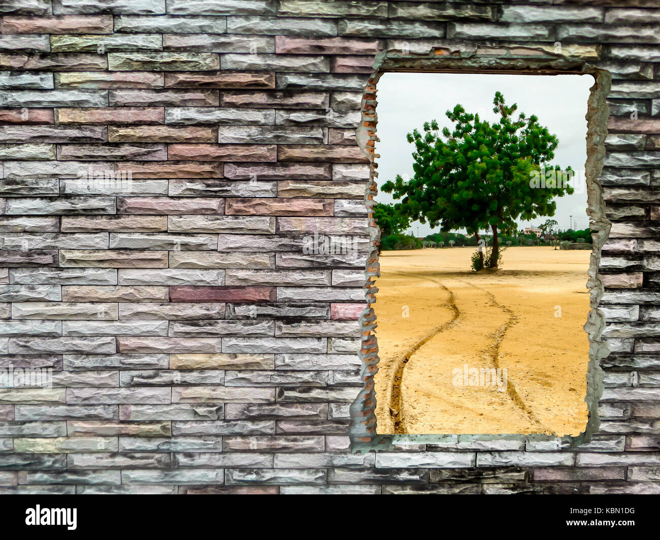 crack brick wall and drag mark to green tree Stock Photo - Alamy