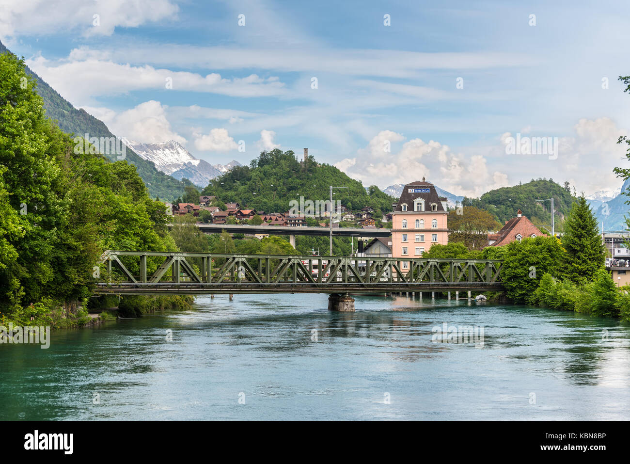 Interlaken, Switzerland - May 26, 2016: View to bridge over Aare (or ...
