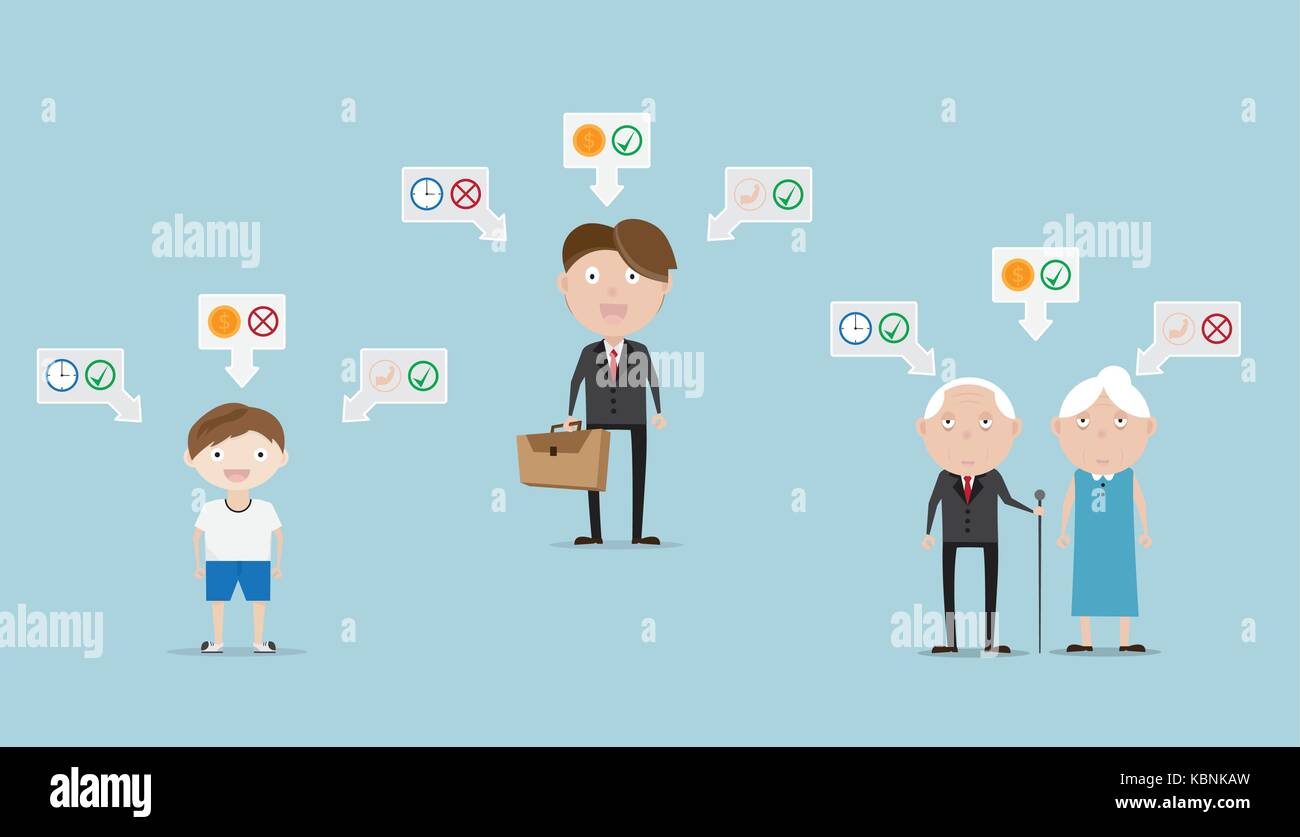 set of human life story about healthy time and money cartoon vector ...