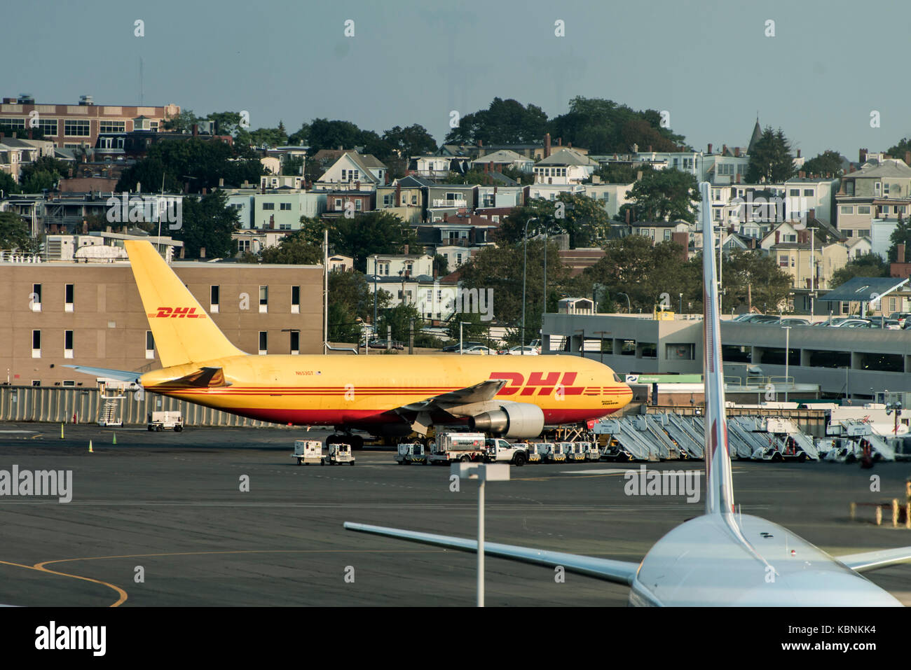 Boston USA 23.09.2017 - DHL cargo aircraft parked loading at boston ...