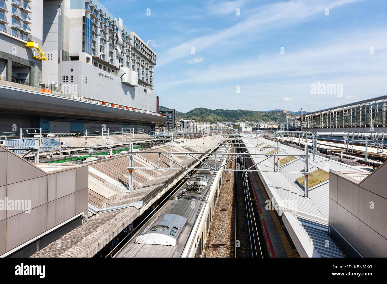 Kyoto Railway station. Overhead view, train waiting at roof covered ...