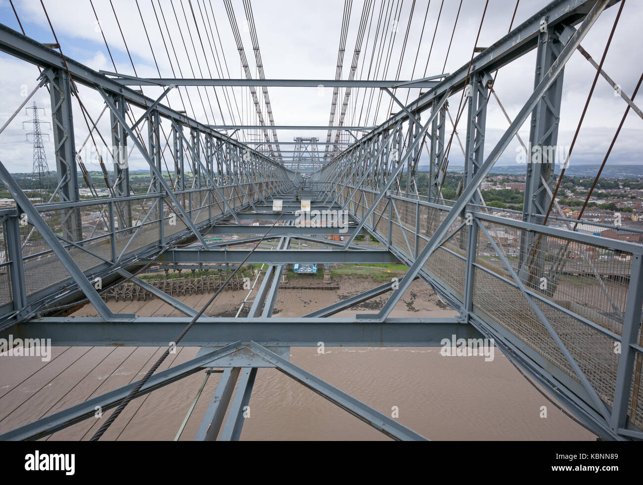 View along upper deck of Newport Transporter Bridge looking west ...