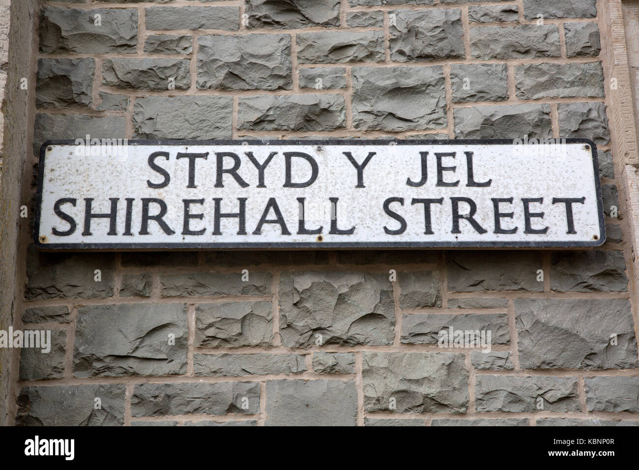 Shirehall Street Sign in English and Welsh, Caernarfon; Wales; UK Stock ...