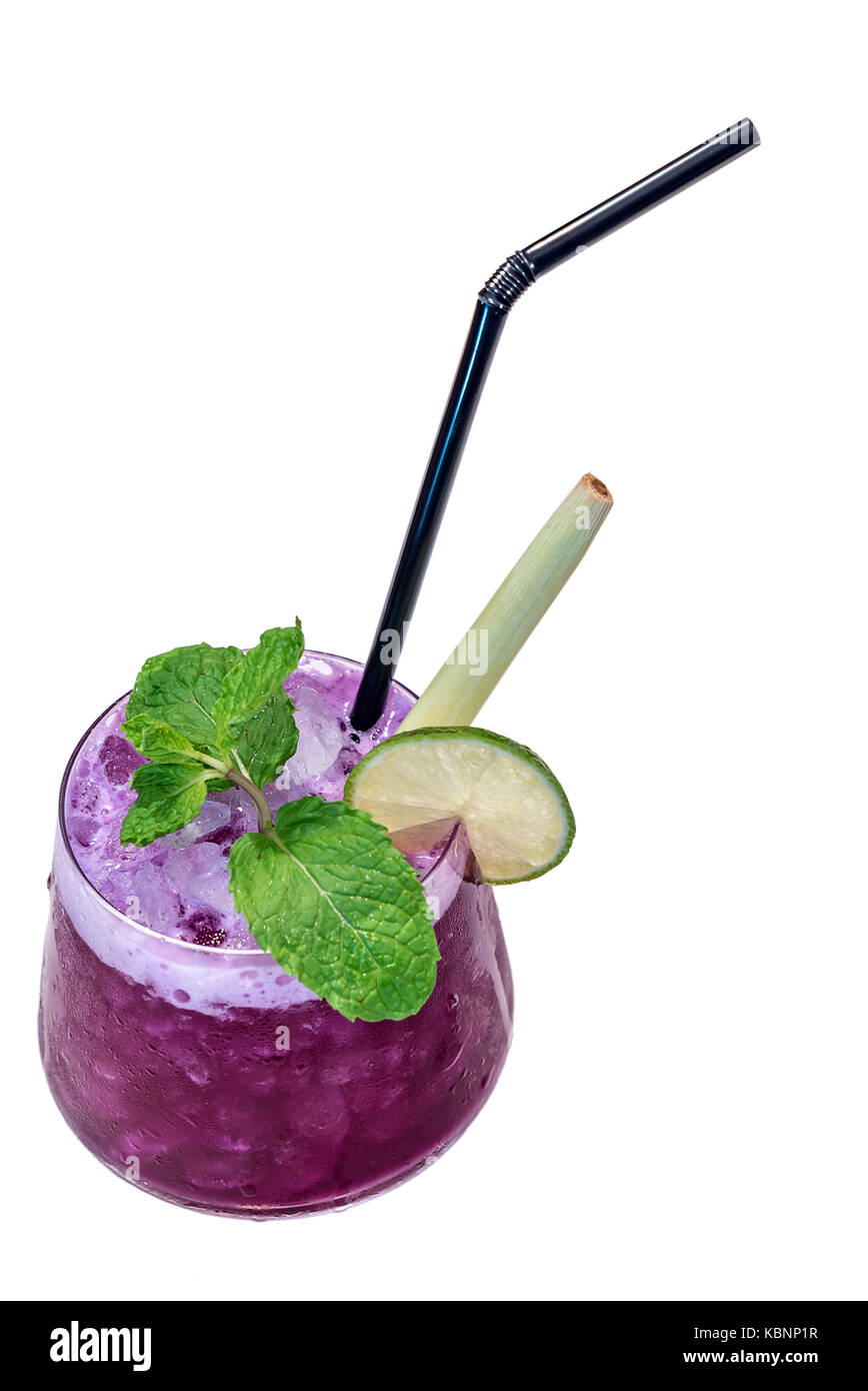 butterfly pea Mocktail with green mint and lime isolated Stock Photo ...