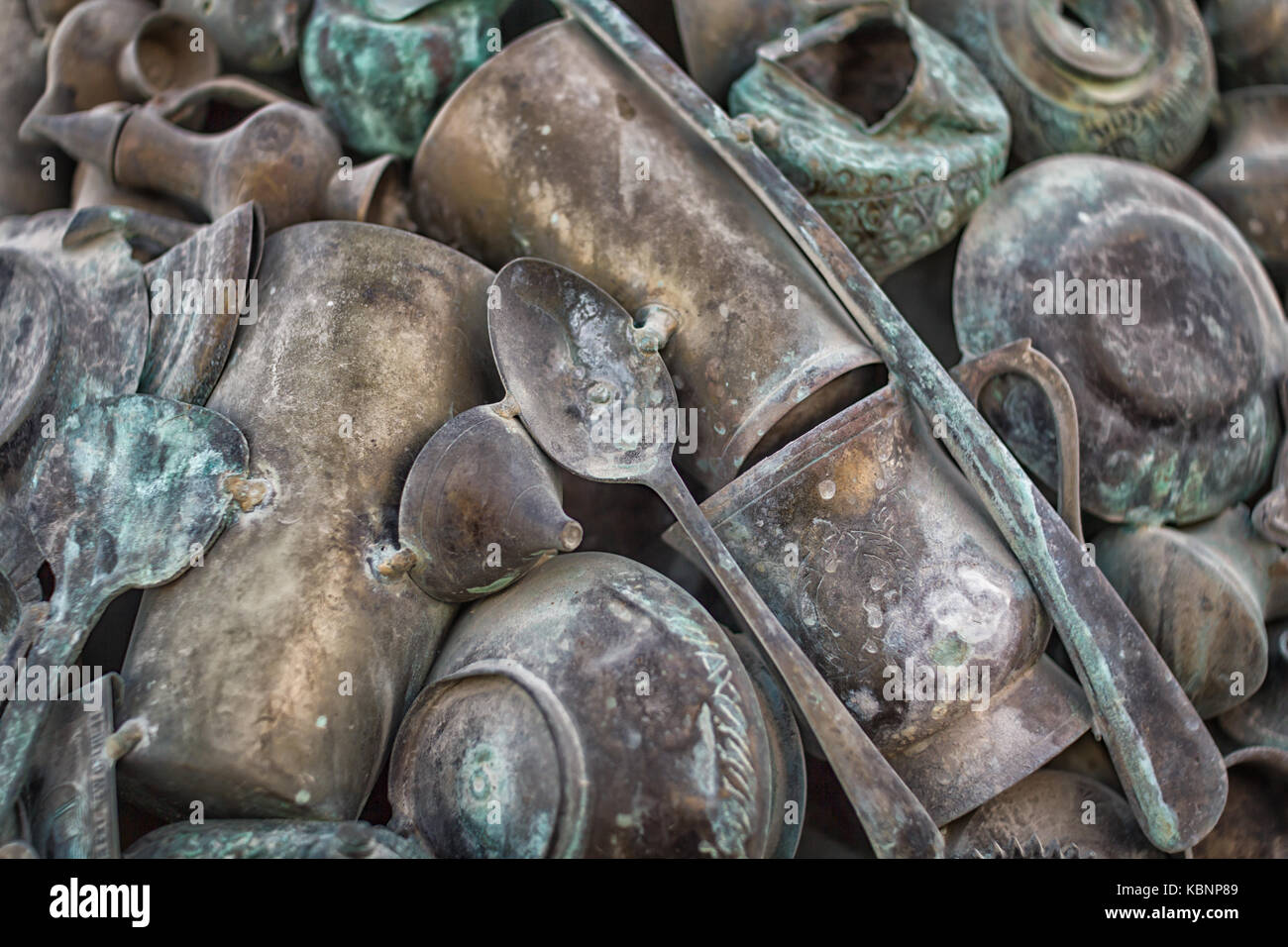 Rusty copper kitchen utensils close up view Stock Photo - Alamy