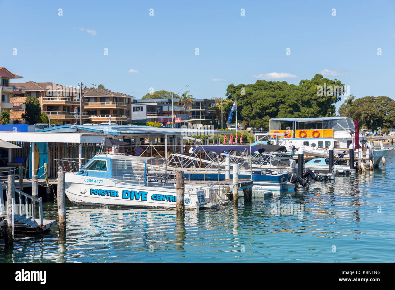 Dive Forster boats at Fishermans wharf on Wallis lake,Forster,New south ...