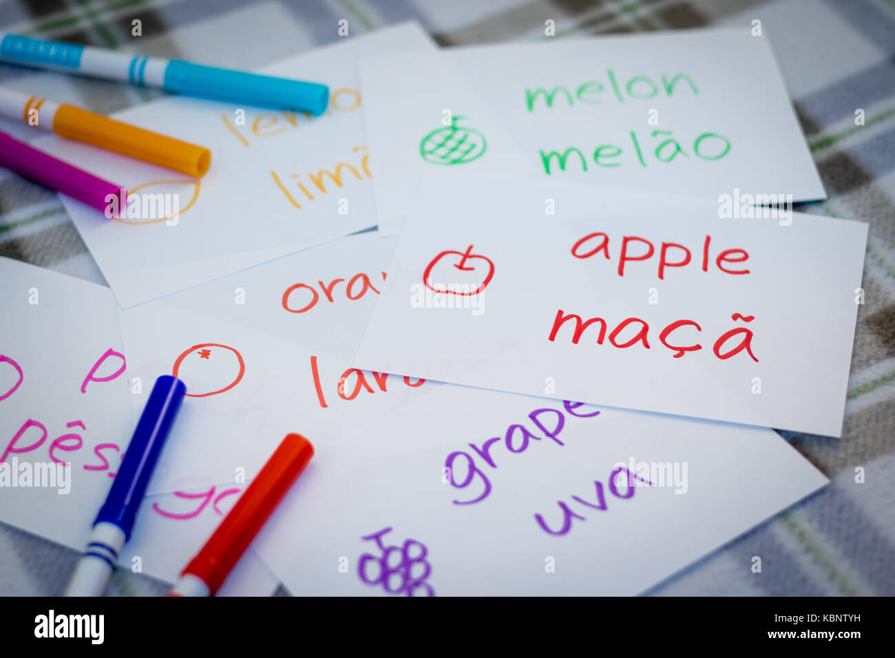 Portuguese; Learning New Language with Fruits Name Flash Cards Stock ...