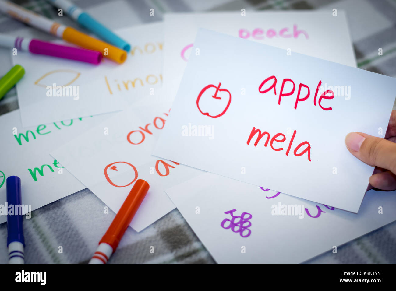 Italian; Learning New Language with Fruits Name Flash Cards Stock Photo ...