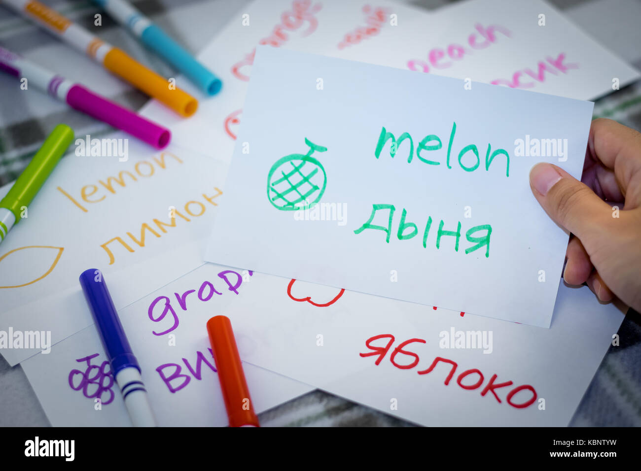 Russian; Learning New Language with Fruits Name Flash Cards Stock Photo ...