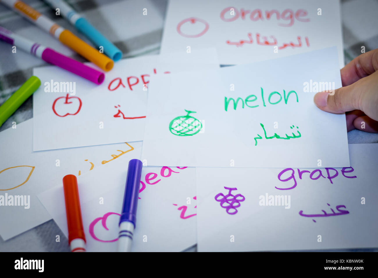 Arabic; Learning New Language with Fruits Name Flash Cards Stock Photo ...