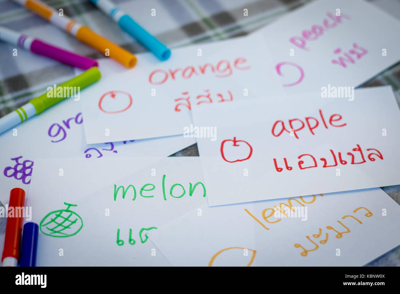 Thai; Learning New Language with Fruits Name Flash Cards Stock Photo ...