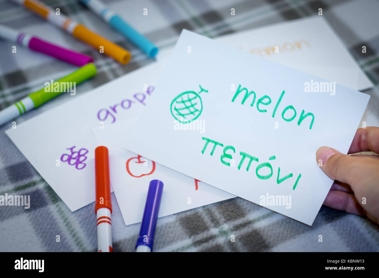 Greek; Learning New Language with Fruits Name Flash Cards Stock Photo ...