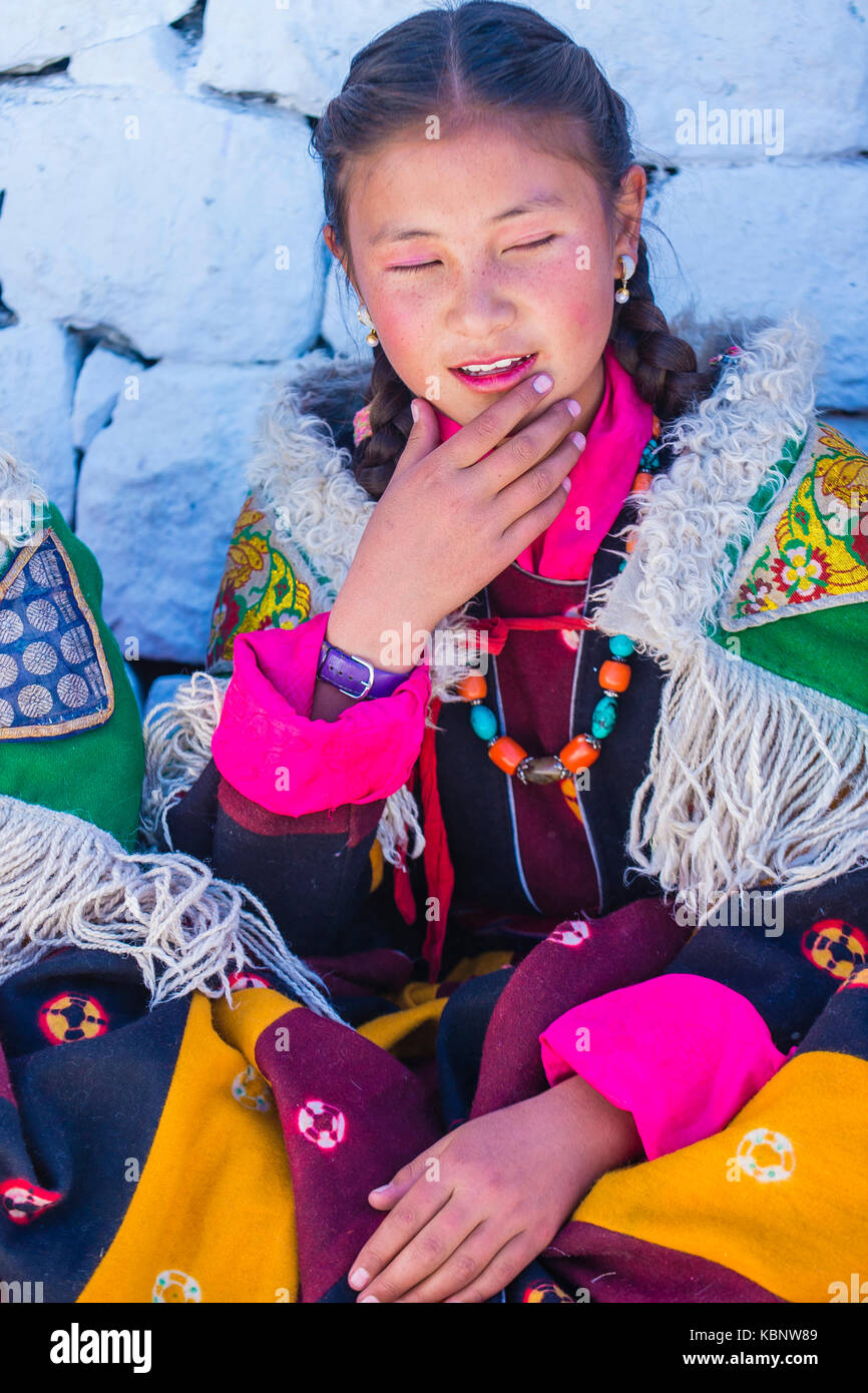 LEH, INDIA - SEPTEMBER 20, 2017: Unidentified Ladakhi girl with ...