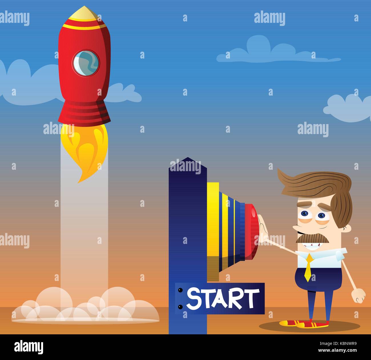 Happy smiling successful businessman pushing the start button. Start up ...