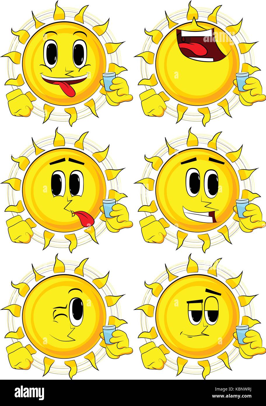 Cartoon sun drinking brandy. Collection with happy faces. Expressions ...