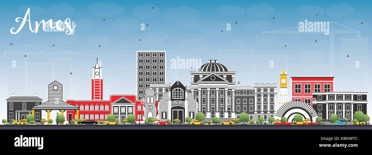 Ames Iowa Skyline with Color Buildings and Blue Sky. Vector ...