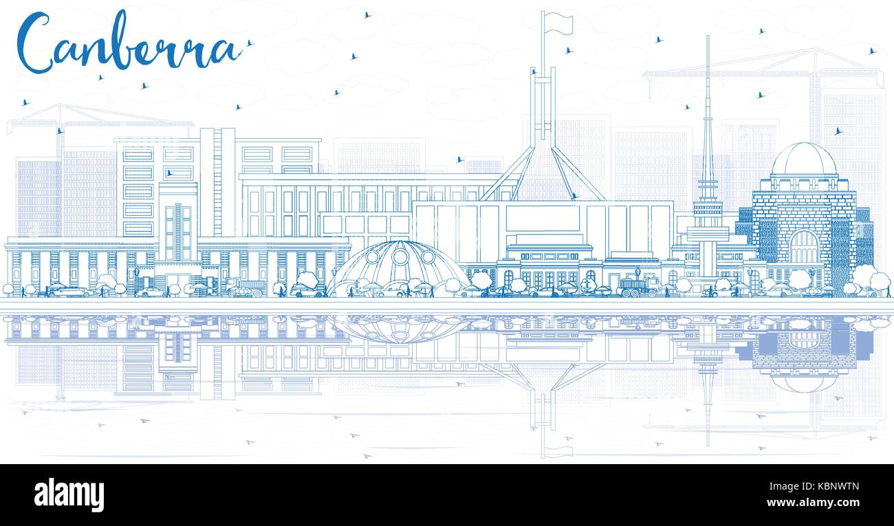 Outline Canberra Skyline with Blue Buildings and Reflections. Vector ...