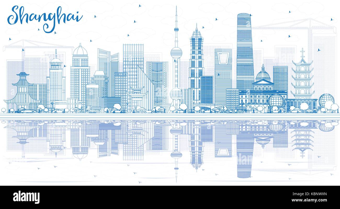 Outline Shanghai Skyline with Blue Buildings and Reflections. Vector ...