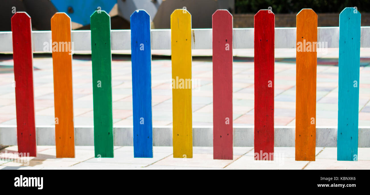 Close up of a part of decorative colorful wooden fence Stock Photo - Alamy