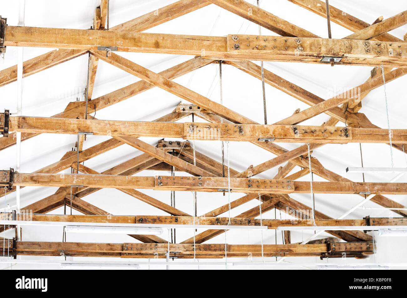 Wooden Roof Structure in White Bright Interior. Old Rafters in the Loft ...