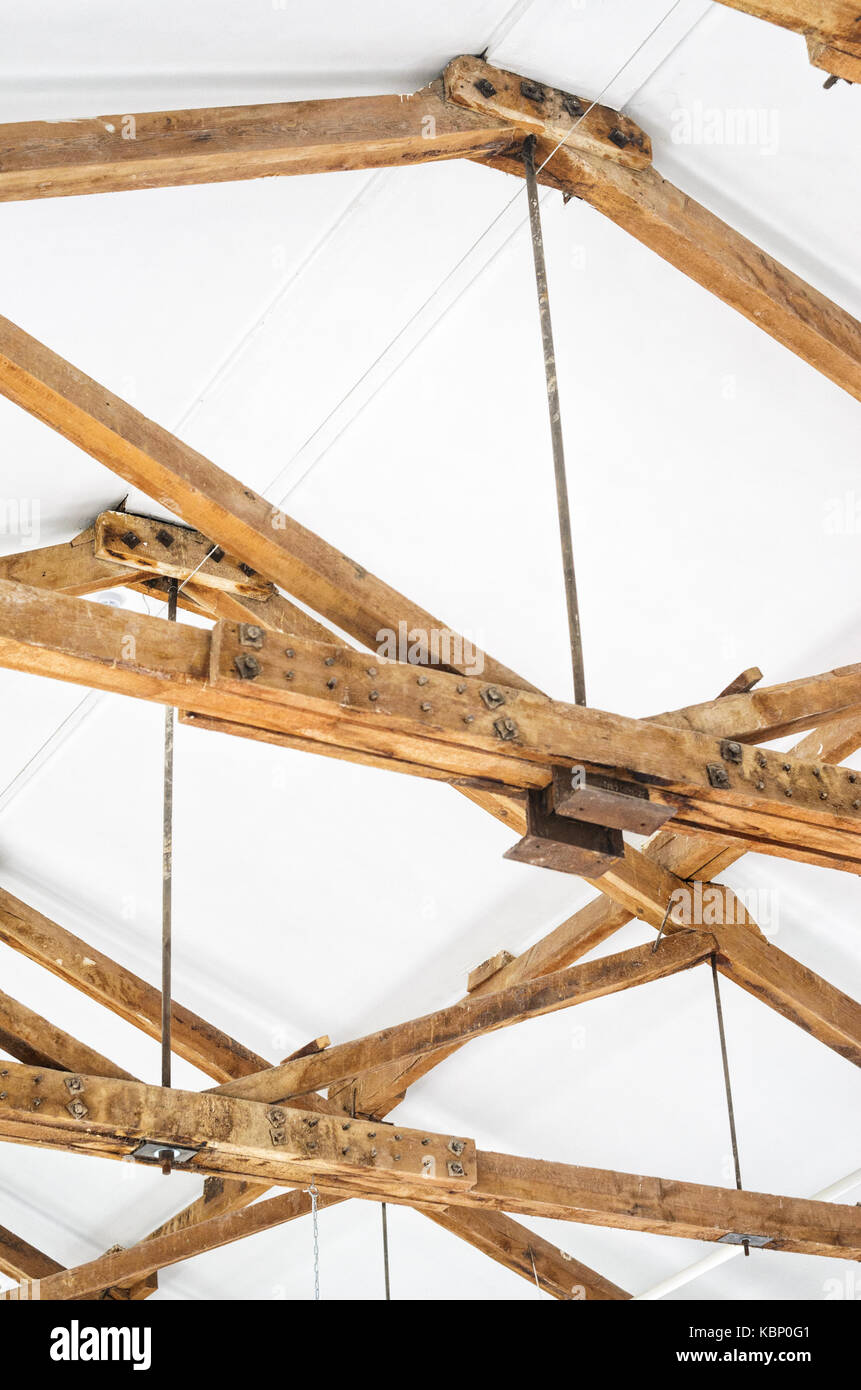 Wooden Roof Structure in White Bright Interior. Old Rafters in the Loft ...