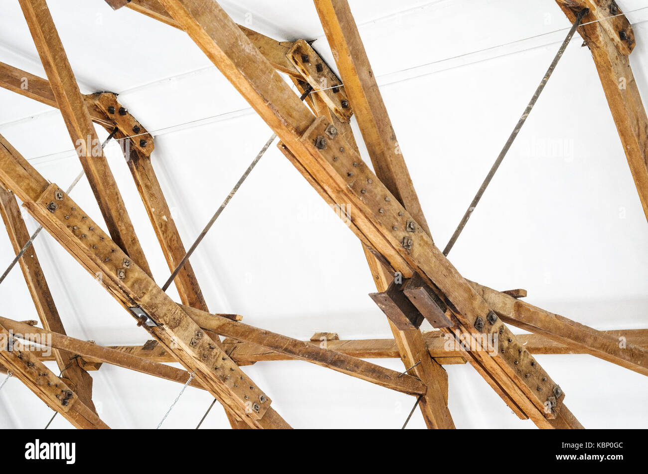 Wooden Roof Structure in White Bright Interior. Old Rafters in the Loft ...