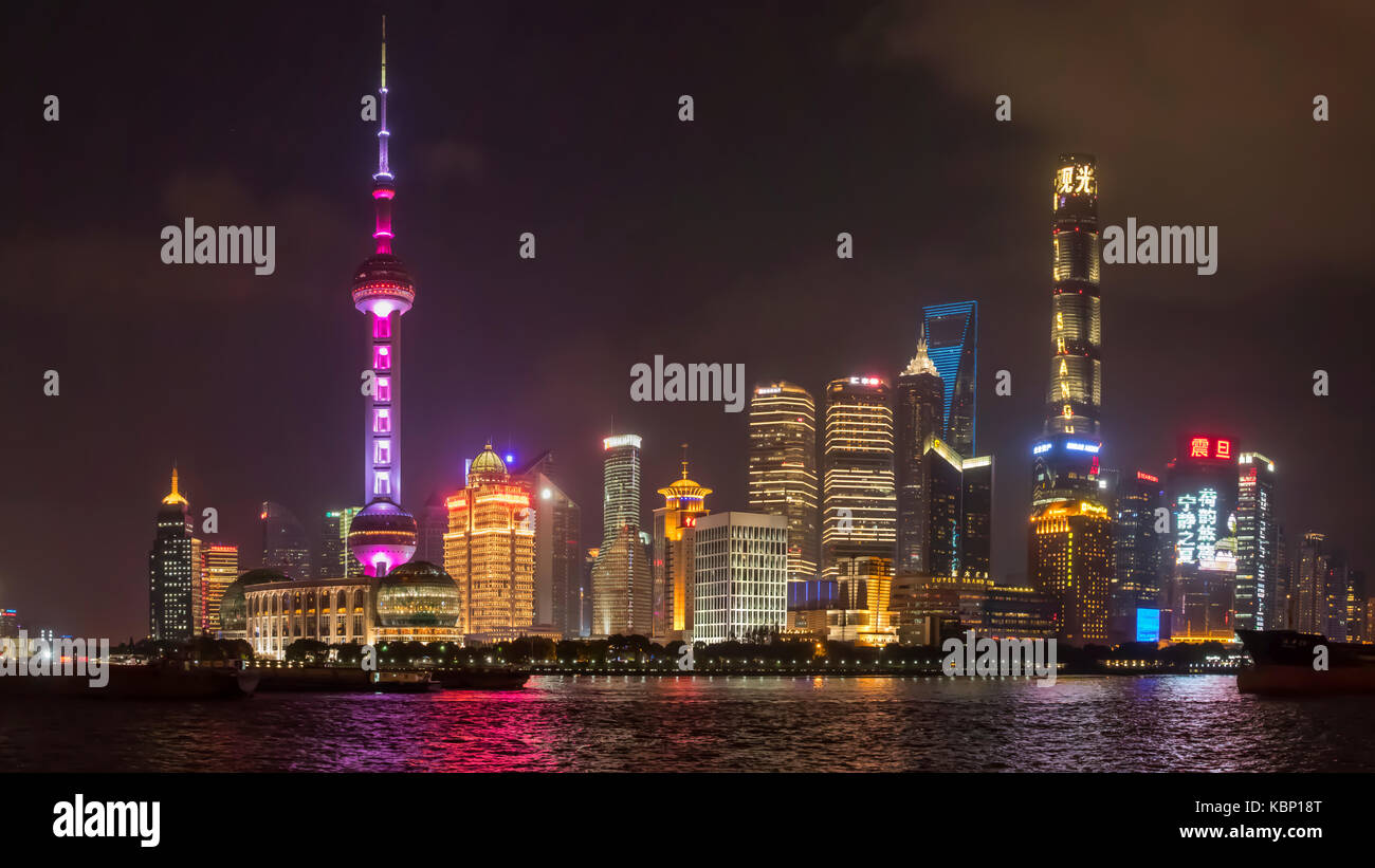 Pudong Side of the Bund at Night Panorama, Shanghai, China Stock Photo ...